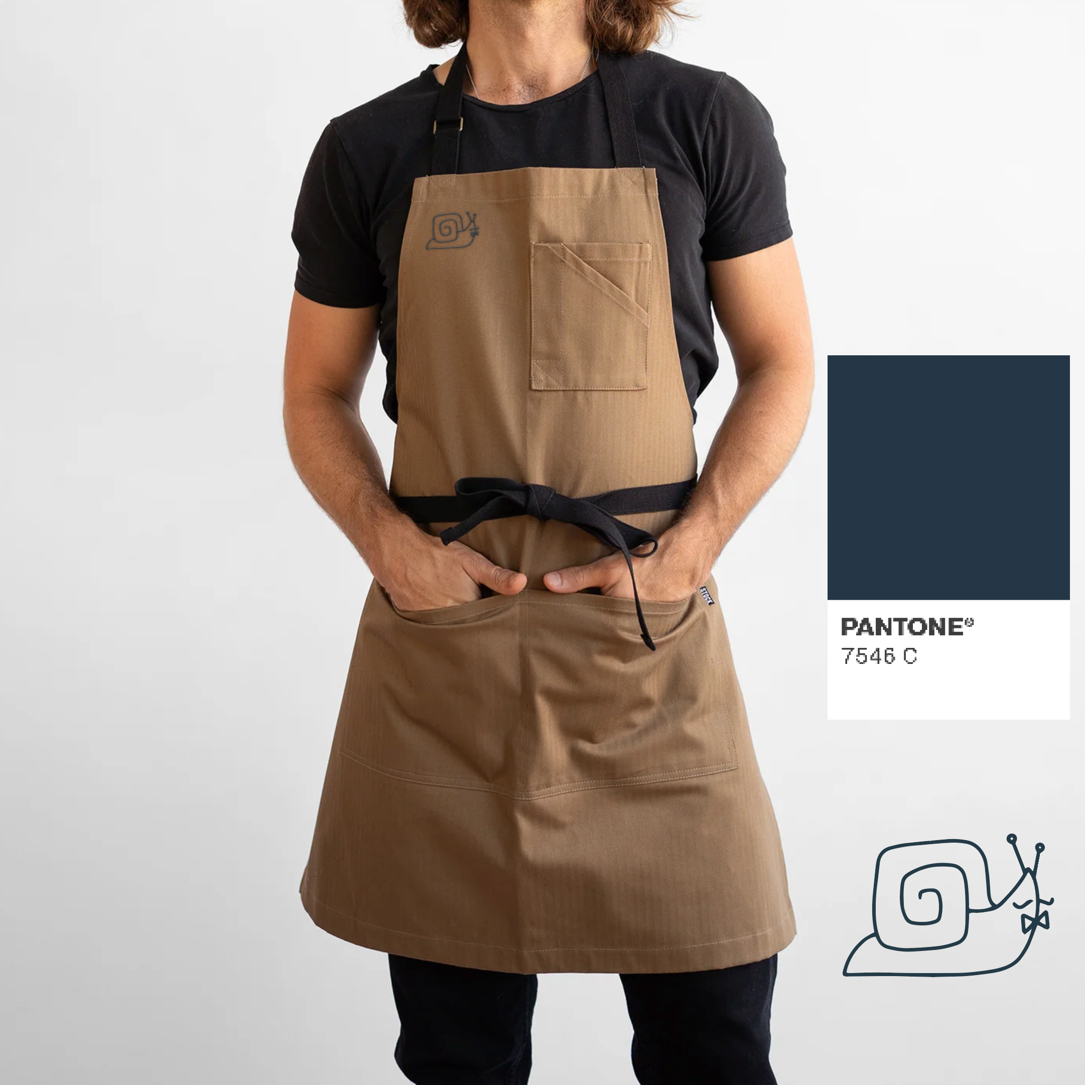 Coyote Herringbone Bib Apron+ Embroidery (Mon Ami Gabi Snail) – Stock Mfg.