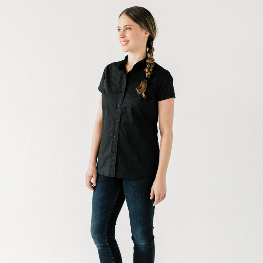 Women's Black Short Sleeve Banded Collar Service Shirt - Clean and ...